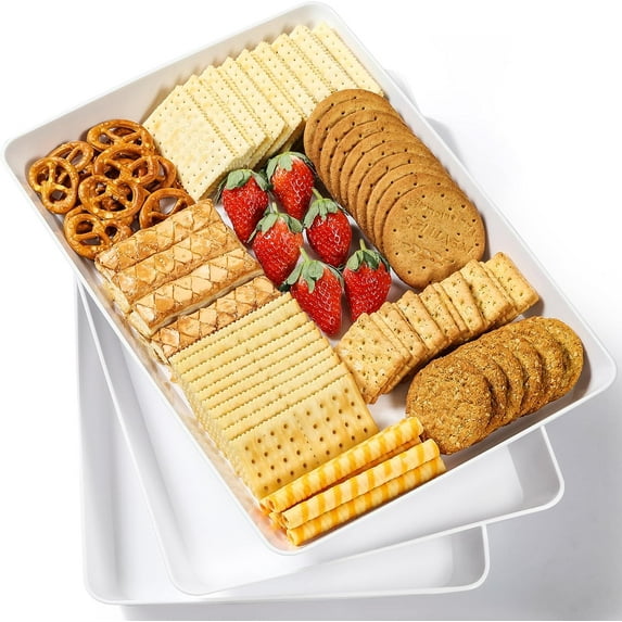 3 Pack, 16" x 11" Large White Serving Trays Set - Reusable Plastic ...