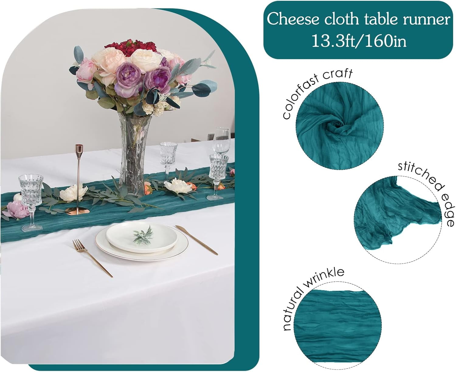 3 Pack 160 inch Teal Blue Cheesecloth Table Runner-13.3ft Long Teal ...