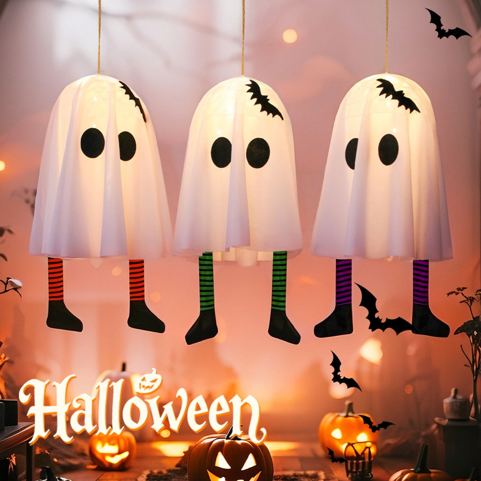 3 Pack 17.5" Halloween Hanging Ghosts with Bats, Light Up White Ghosts ...
