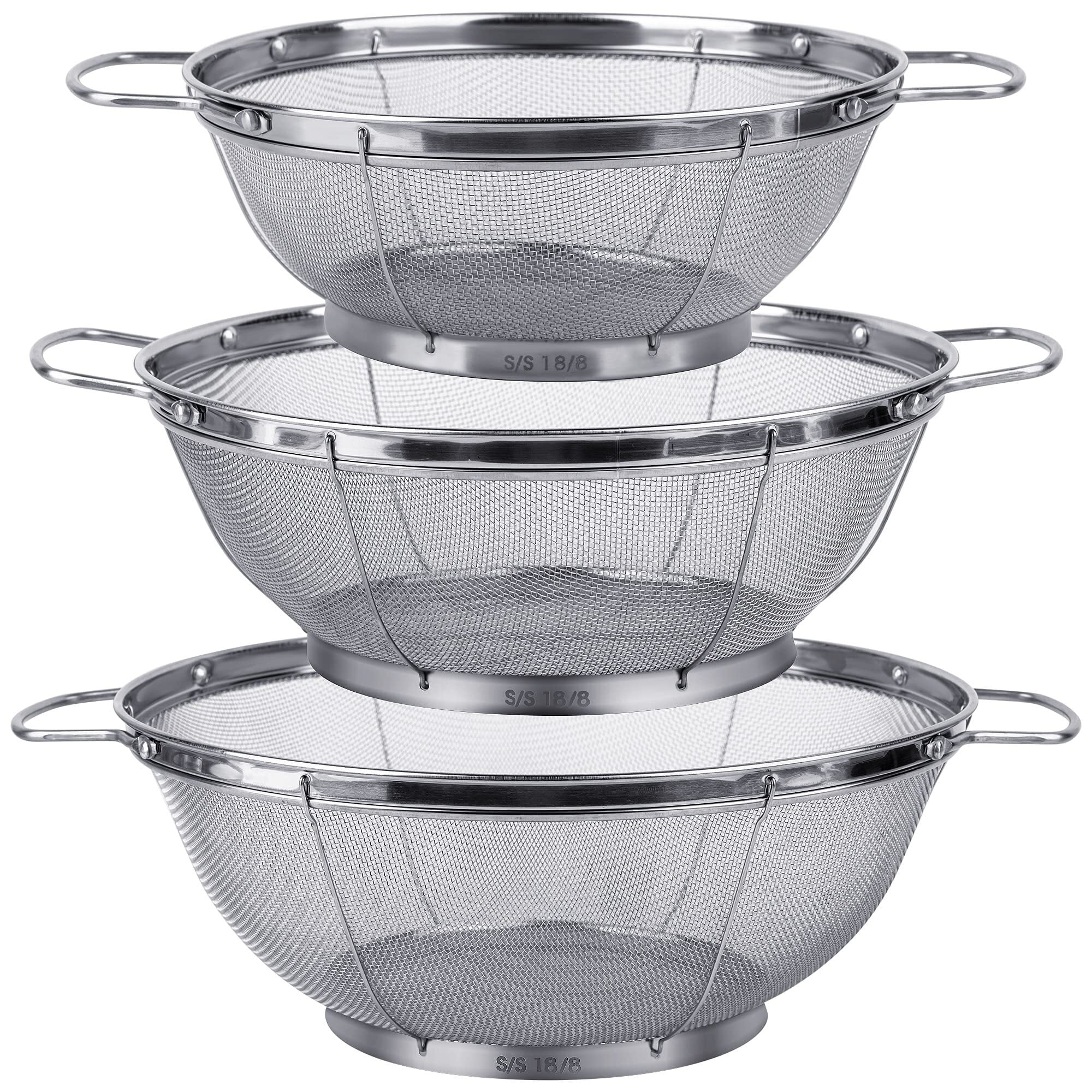 3 Pack 18/8 Stainless Steel Colander Sieves(5-Quart, 4-Quart and 3 ...