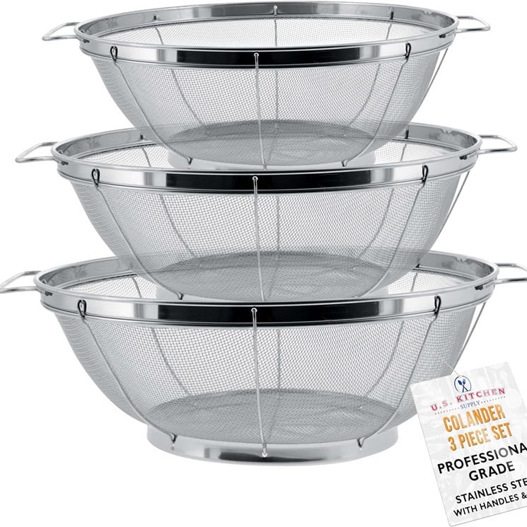 3 Pack 18/8 Stainless Steel Colander Sieves(5-Quart, 4-Quart and 3 ...