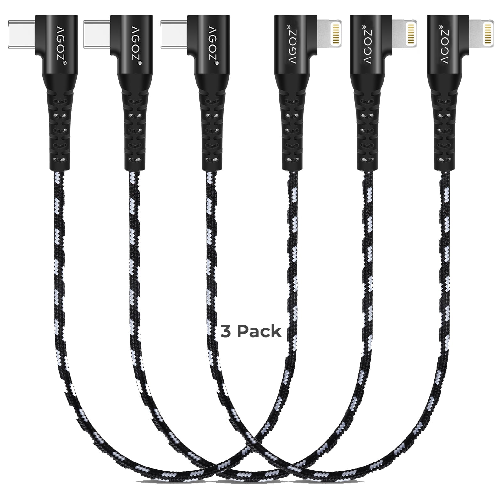 3 Pack 1ft Short Black Apple MFI Certified Lightning to USB C Cable, 90 ...