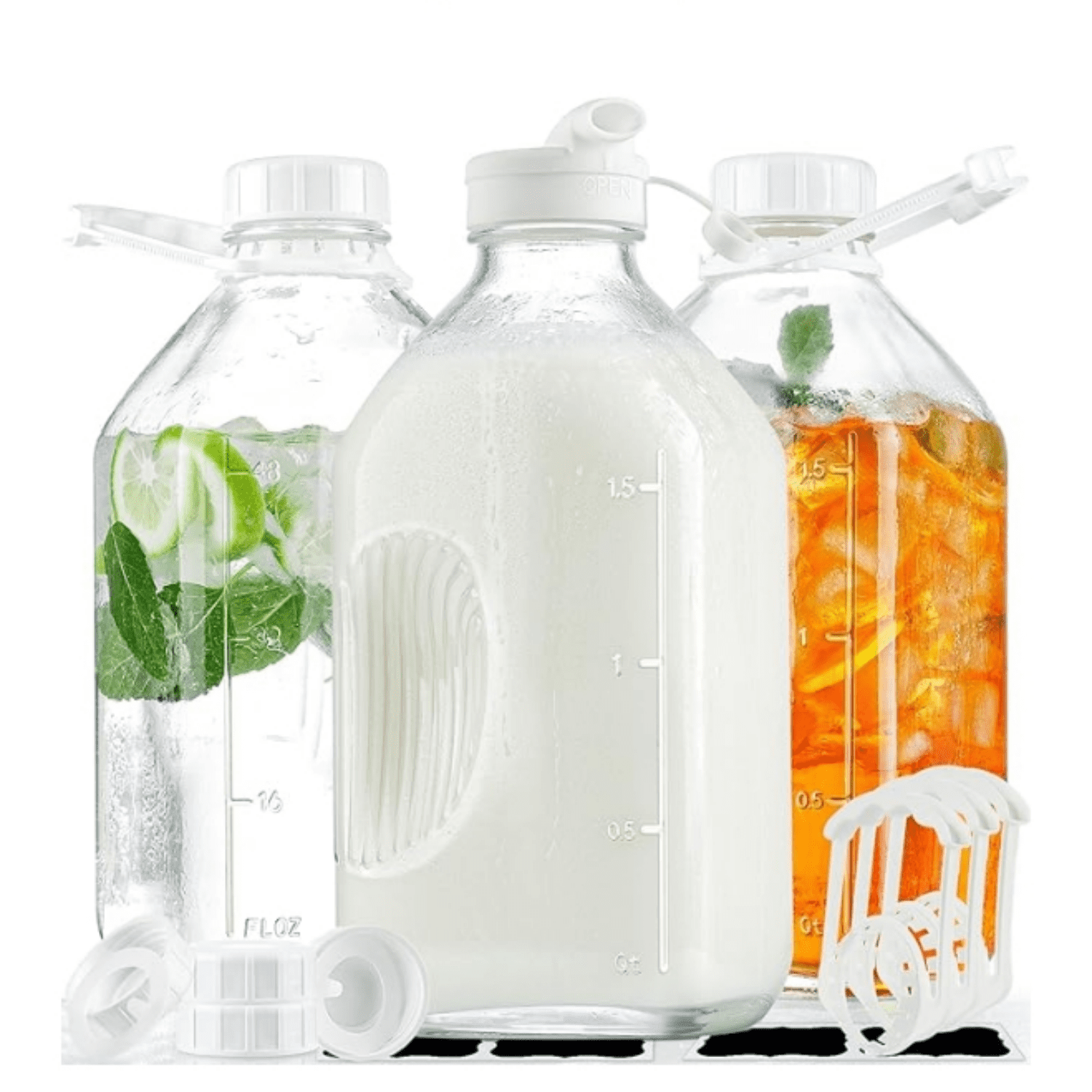 3 Pack 2 Qt Glass Water Bottles with Handle and Airtight Reusable SCREW ...