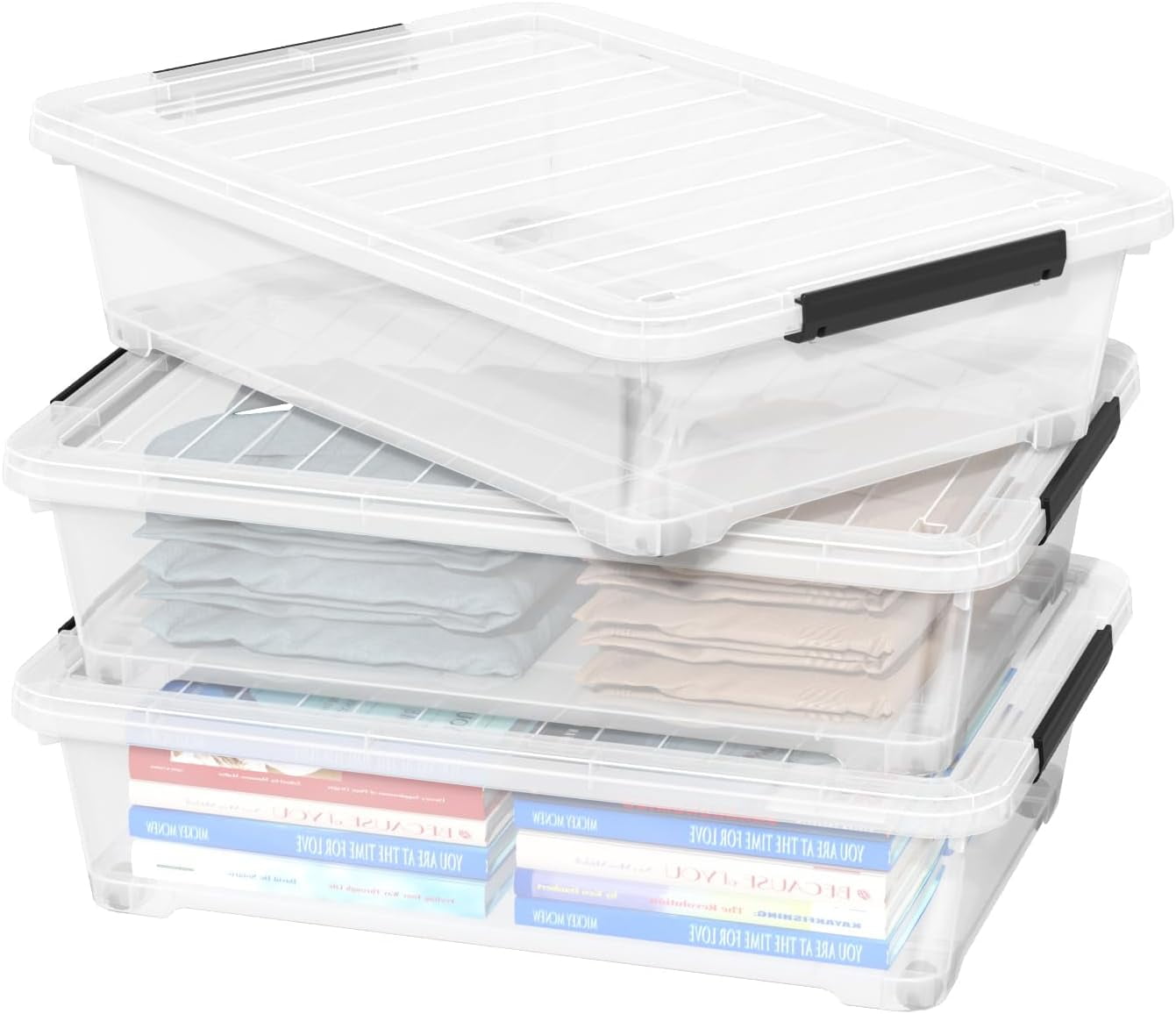 3 Pack 20 Qt Wheeled Latching Storage Box, Stackable Underbed Bin with ...