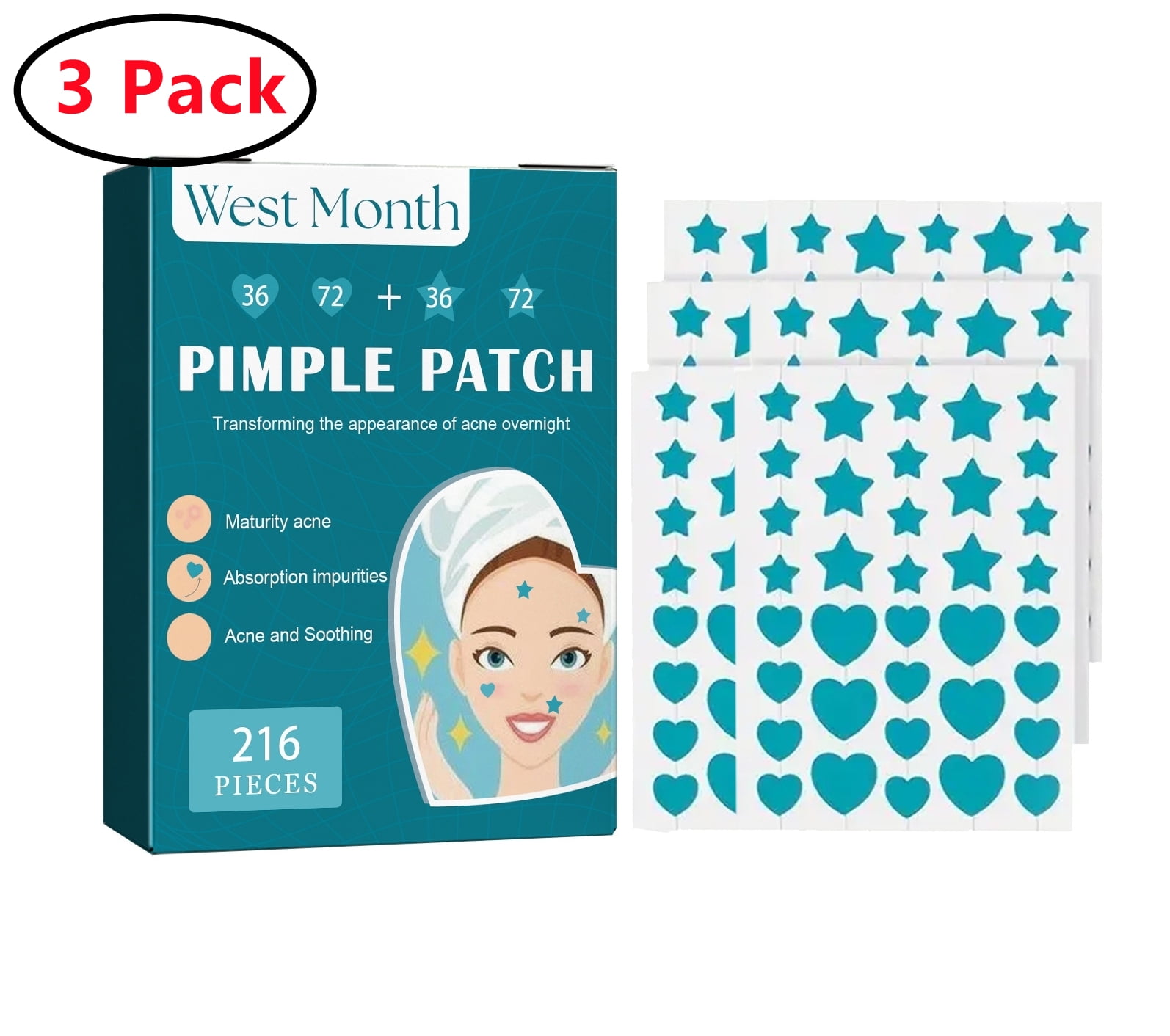 3 Pack 216 CT Pimple Patches for Face w/Salicylic Acid & Tea Tree ...