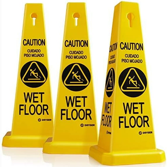 3-Pack 26" Caution Wet Floor Cones - Yellow English/Spanish Warnings ...