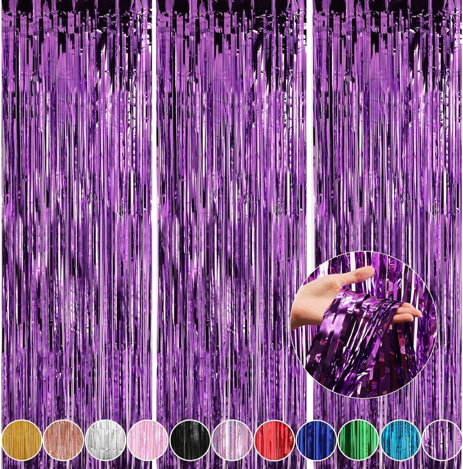 3 Pack 3.3 x 9.9 ft Purple Foil Fringe Backdrop Curtain, Streamer ...