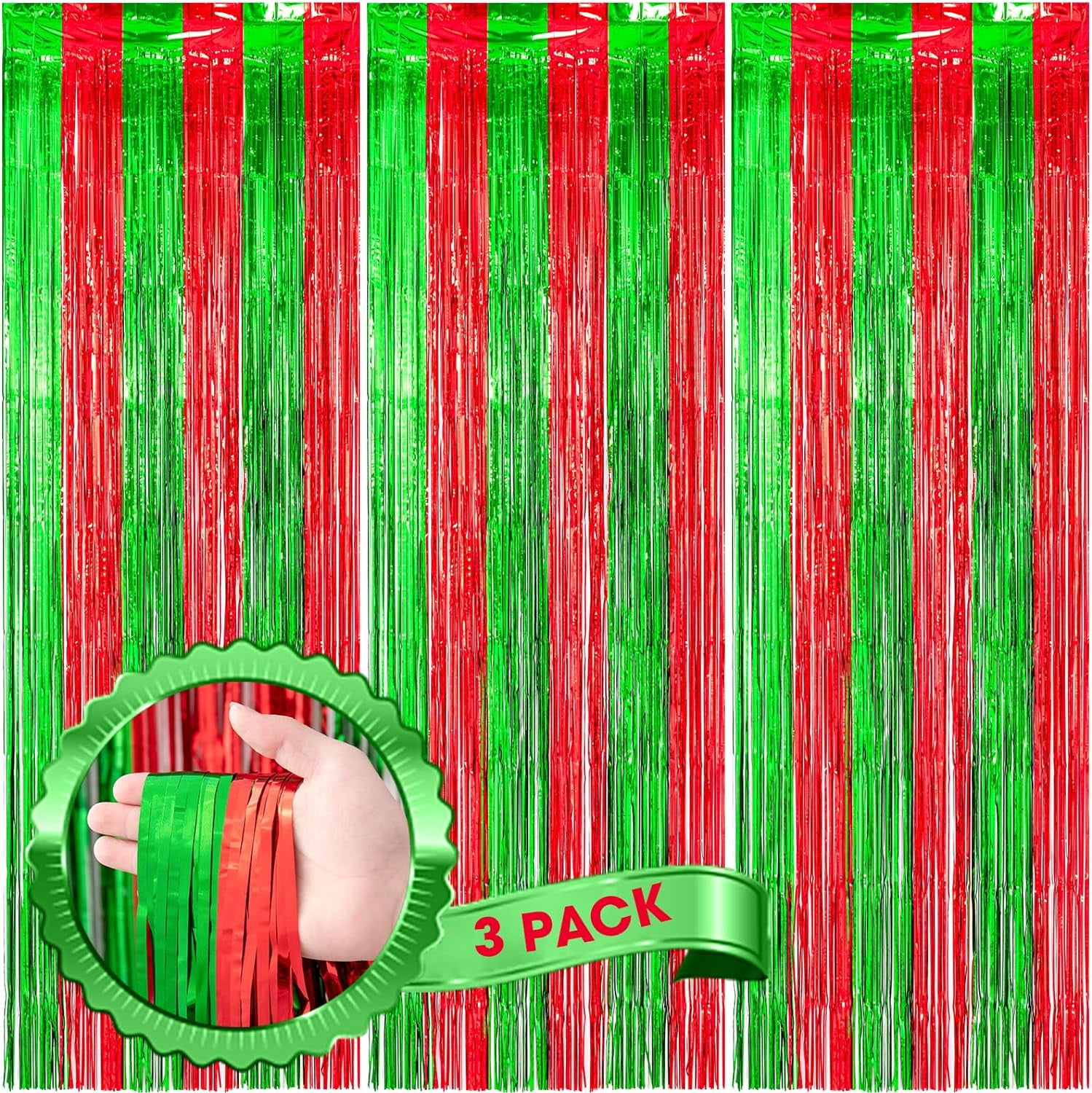 3 Pack 3.3x8.2 Feet Red and Green Foil Fringe Backdrop Curtains, Tinsel ...