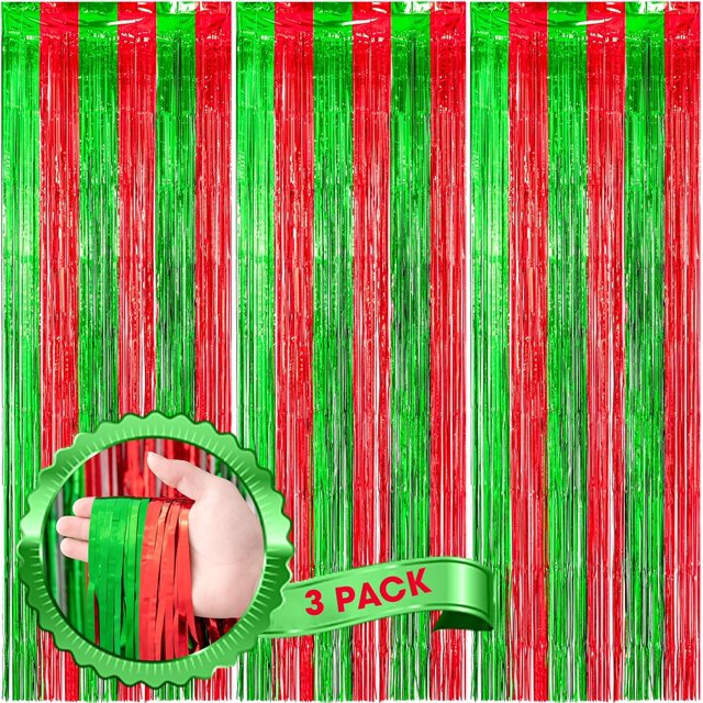 3 Pack 3.3x8.2 Feet Red and Green Foil Fringe Backdrop Curtains, Tinsel ...