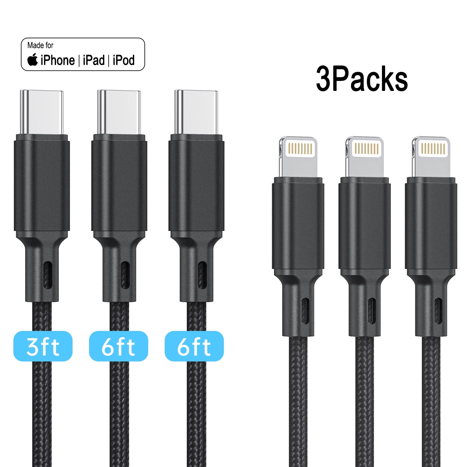 Apple MFi Certified USB C to Lightning Cable, 3 Pack, Nylon Braided ...