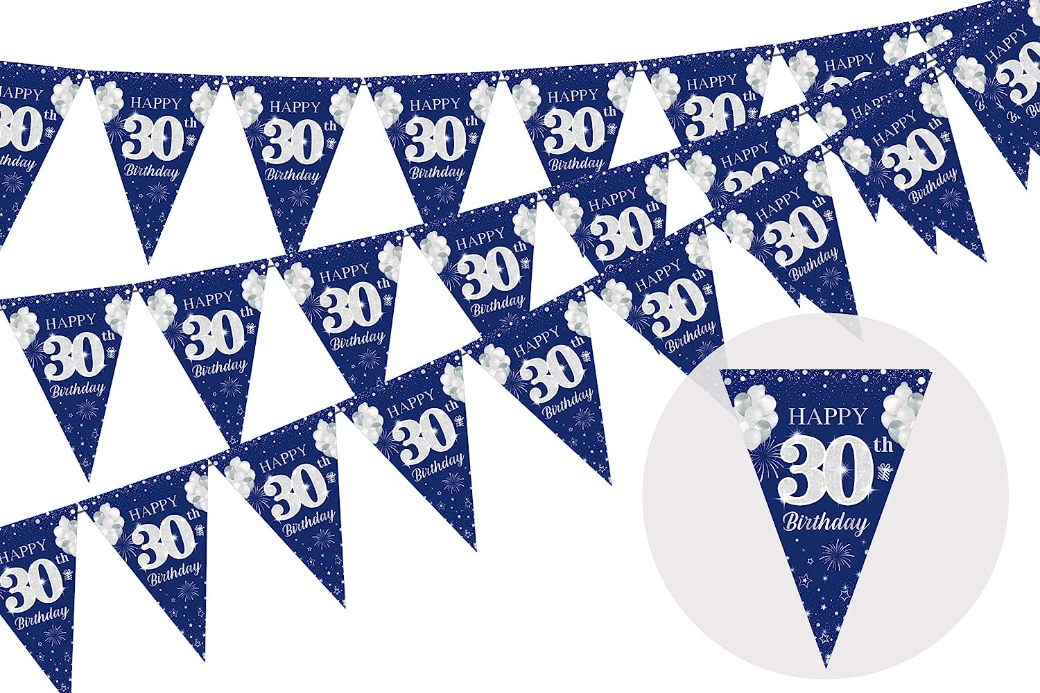3 Pack 30th Happy Birthday Bunting Banner, 36 Pieces Triangle Flag Navy ...