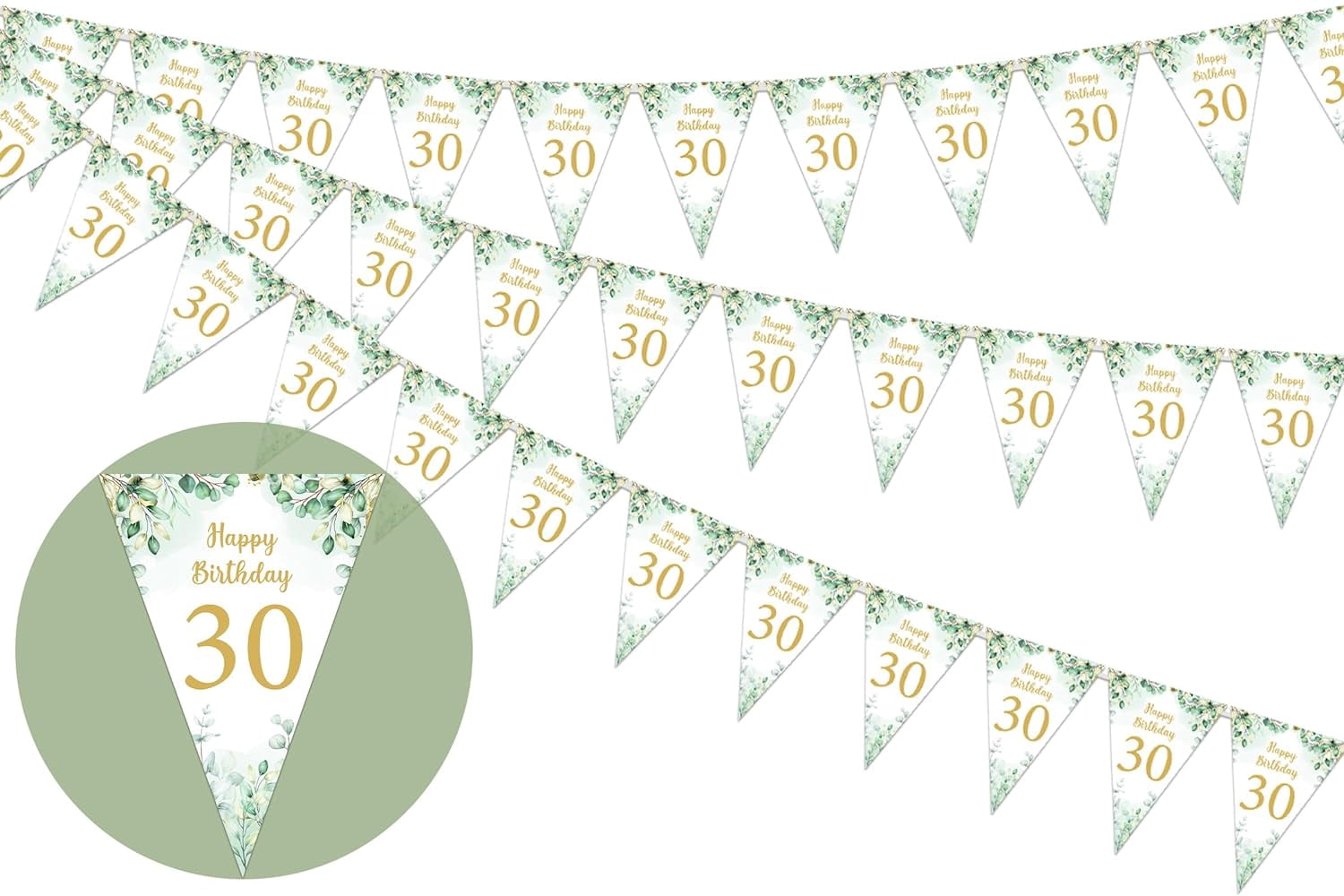 3 Pack 30th Happy Birthday Bunting Banner, Sage Green Triangle Flag ...