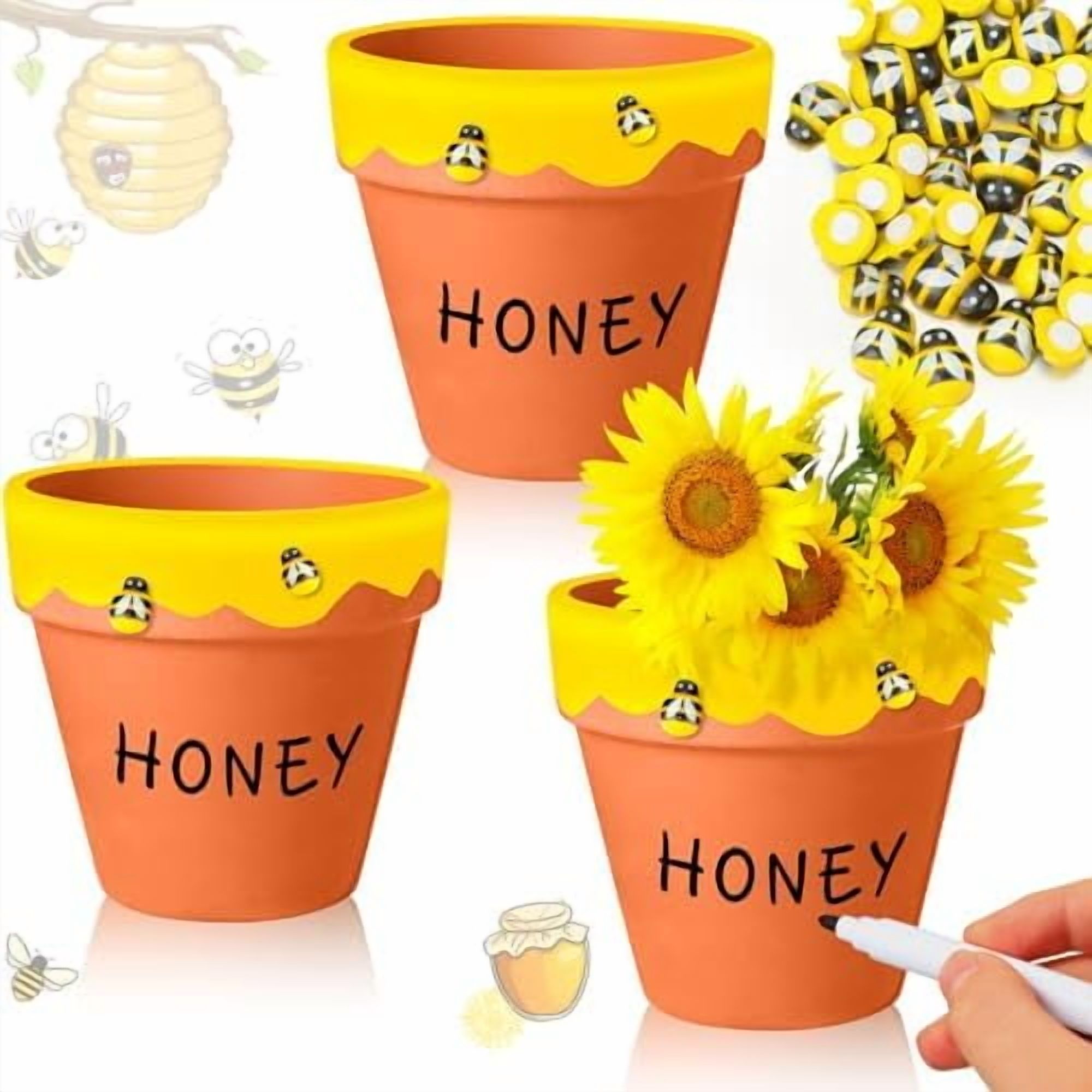 3 Pack 4 Inch Honey Bee Pots Red Clay Jars with Resin Bee Charms for ...