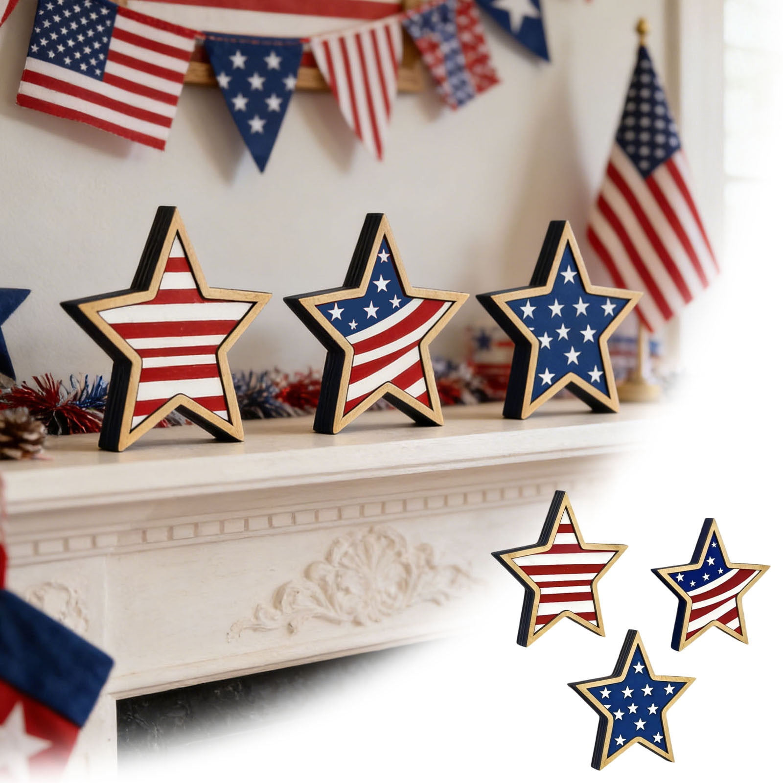 3-Pack 4th of July Patriotic Wooden Star Ornament, Independence Day ...
