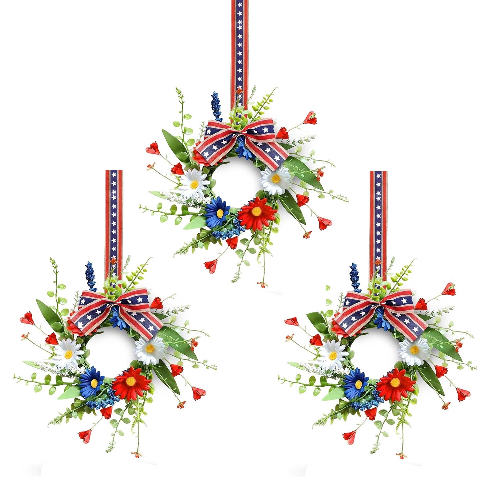 3 Pack 4th of July Patriotic Wreath with Bow, USA Flag Red White Blue ...