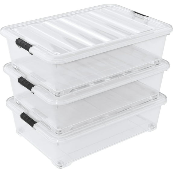 3-Pack 50 L Plastic Under Bed Storage with Wheels, Clear Under Bed ...