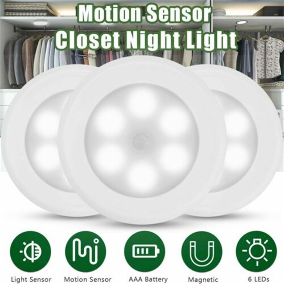 3 Pack 6 LED Motion Sensor Closet Light, Cordless Wall Cabinet Night ...