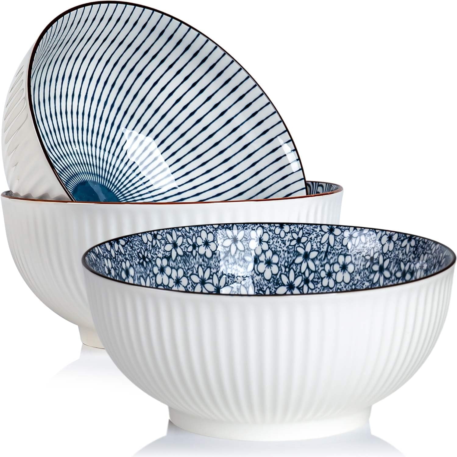 3-Pack 60oz Blue & White Porcelain Soup Bowls | Striped Pattern for Pho ...