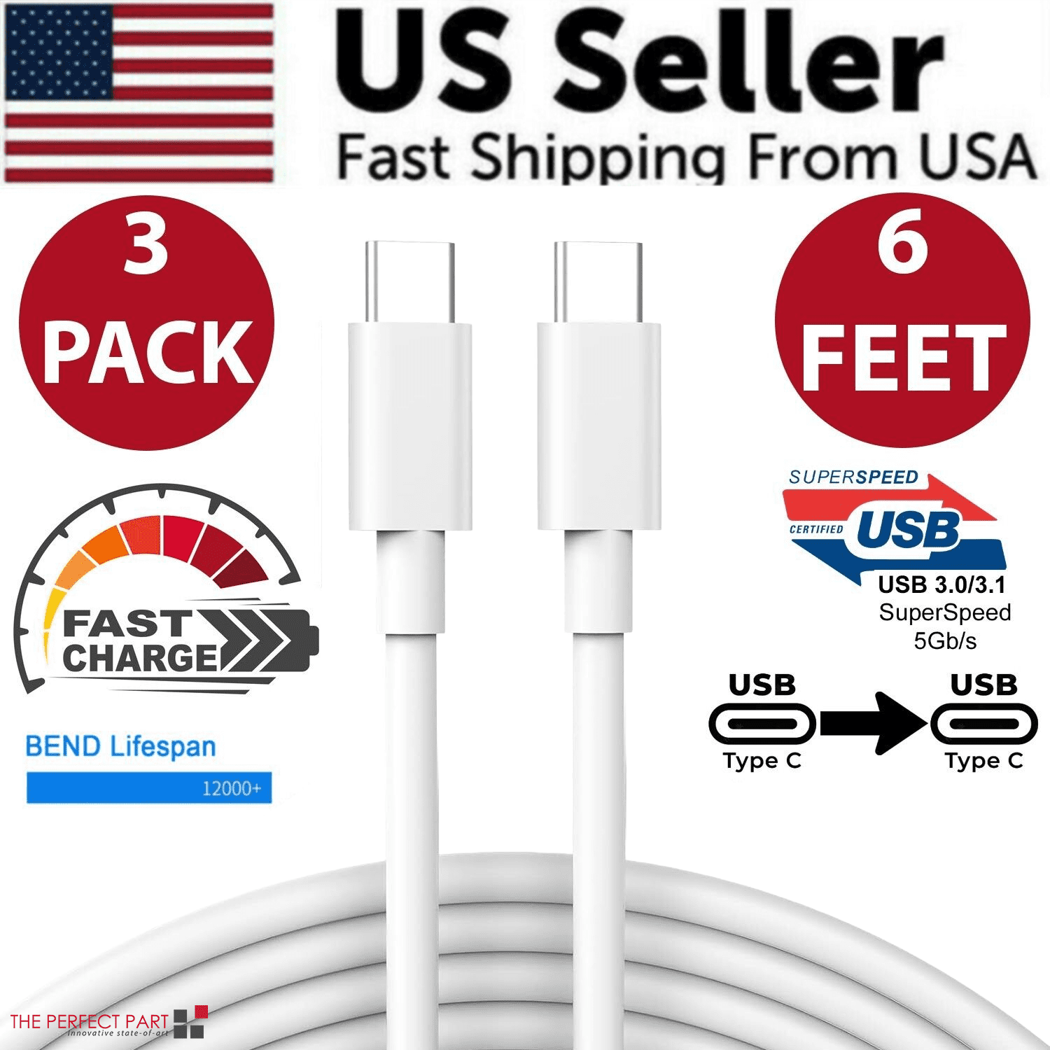 3 Pack 6FT USB-C to USB-C Cable Fast Charge Type C Charging Cord Rapid ...