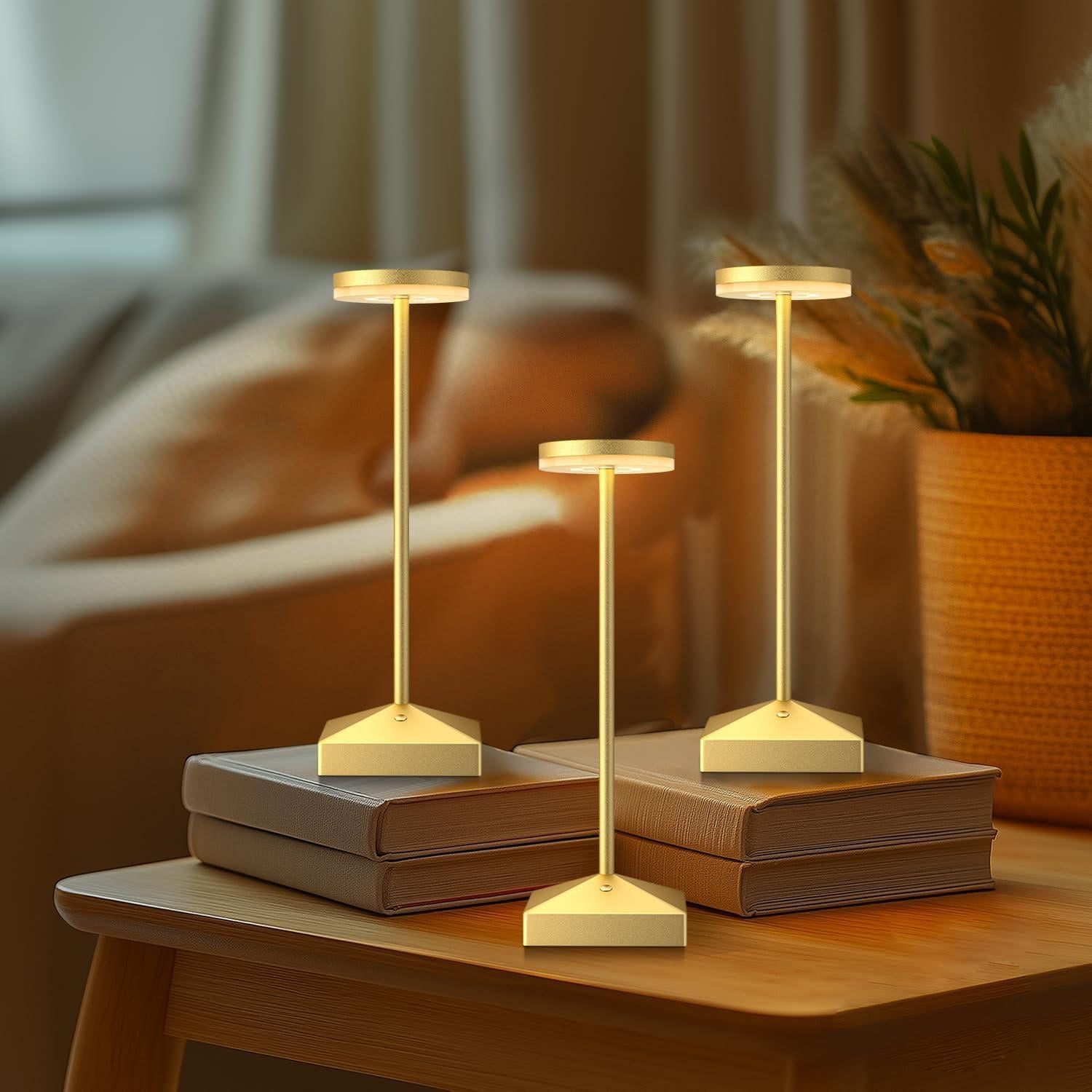 3 Pack 7.67in Gold Small Cordless Table Lamps Rechargeable, Battery ...