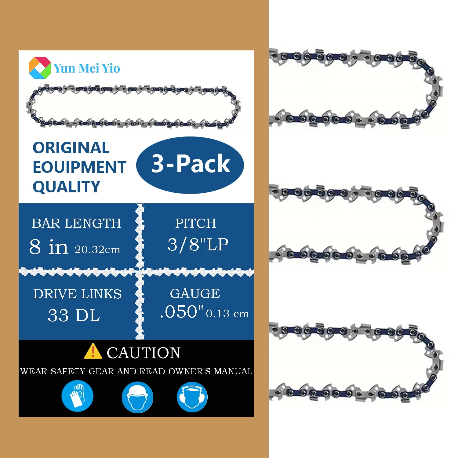3-Pack 8 Inch Chainsaw Chain 3/8" LP Pitch .050" Gauge 33 Drive Links, Premium 8 Inch Chain Saw ...