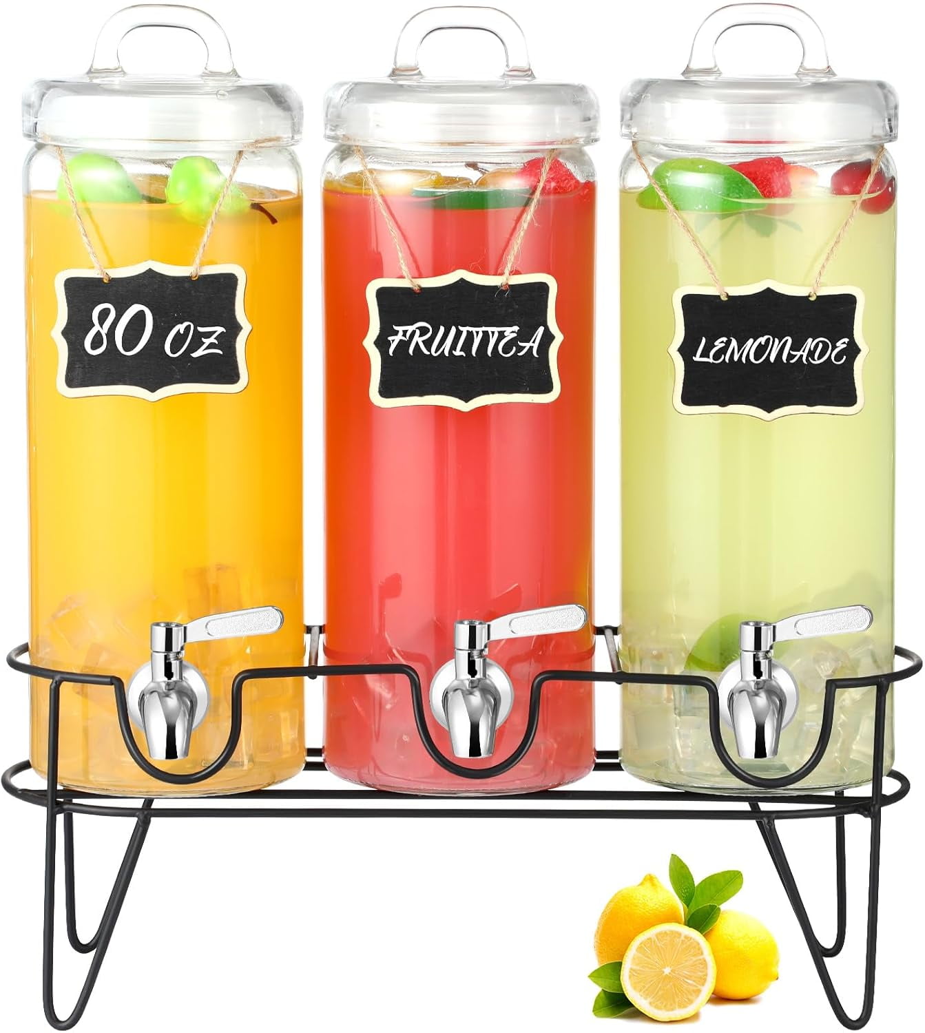 3 Pack 80 oz Tall Glass Drink Dispenser with Stand, Lid, Label and ...
