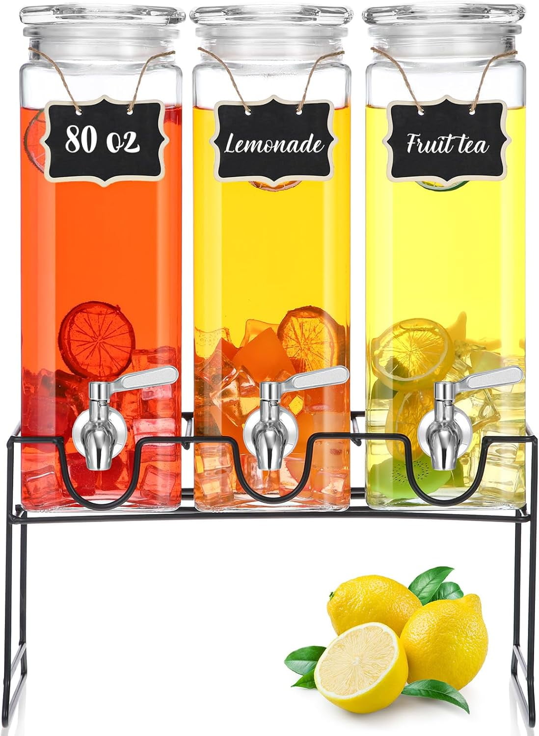 3 Pack 80 oz Tall Glass Drink Dispenser with Stand, Lid, Label and ...