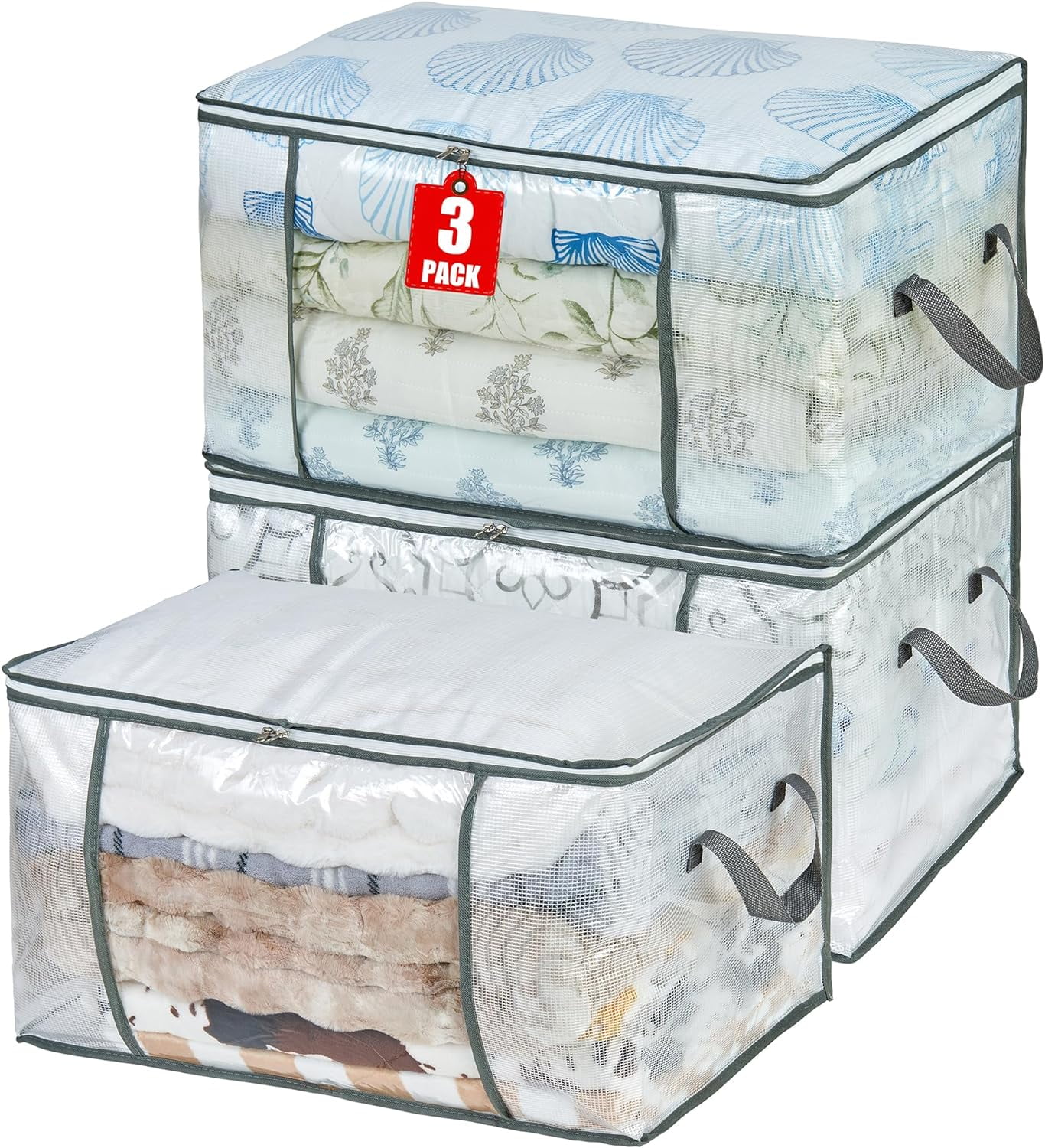3-Pack 80L Foldable Clear Storage Bags - Large Organizers with Sturdy ...