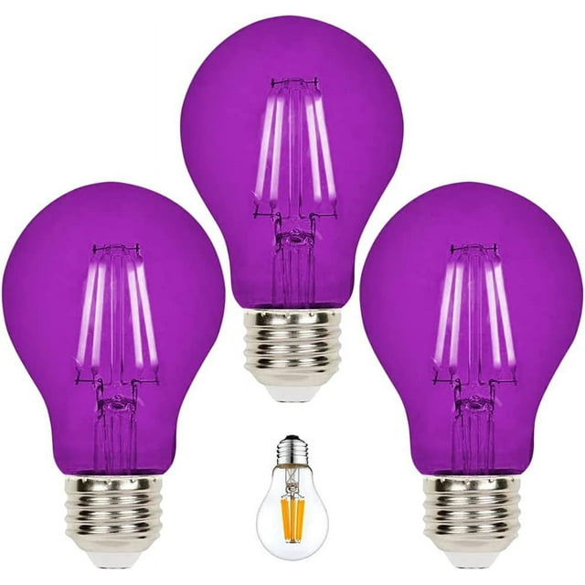 3 Pack A19 Filament LED Purple Light Bulbs – E26 Base 8W 75 Watt ...
