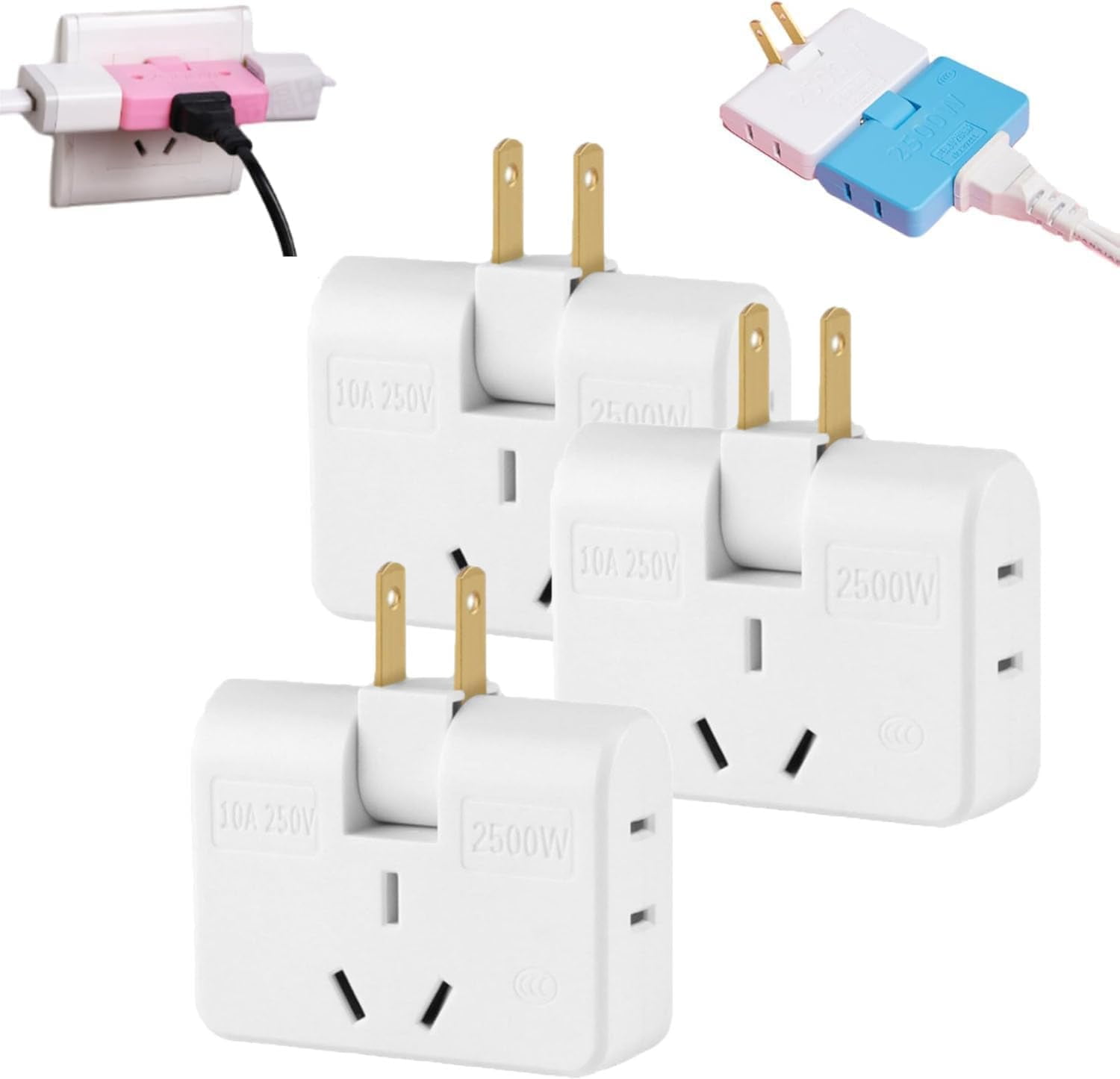 3 Pack Ac Flat Wall Outlet Extender Flat Plug Adapter Outlet, 3 Way ...