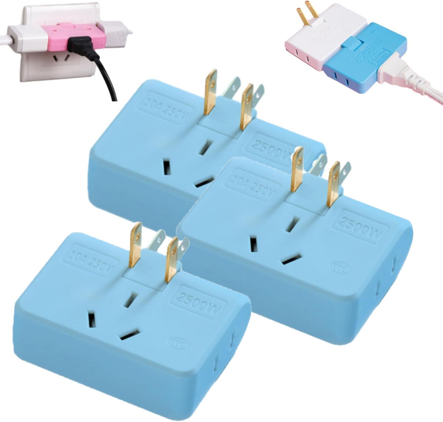 3 Pack Ac Flat Wall Outlet Extender Flat Plug Adapter Outlet, 3 Way ...