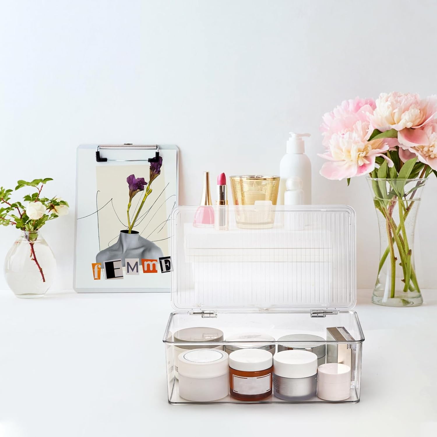 3 Pack Acrylic Storage Bins with Hinged Lid, Stackable Organizer for ...