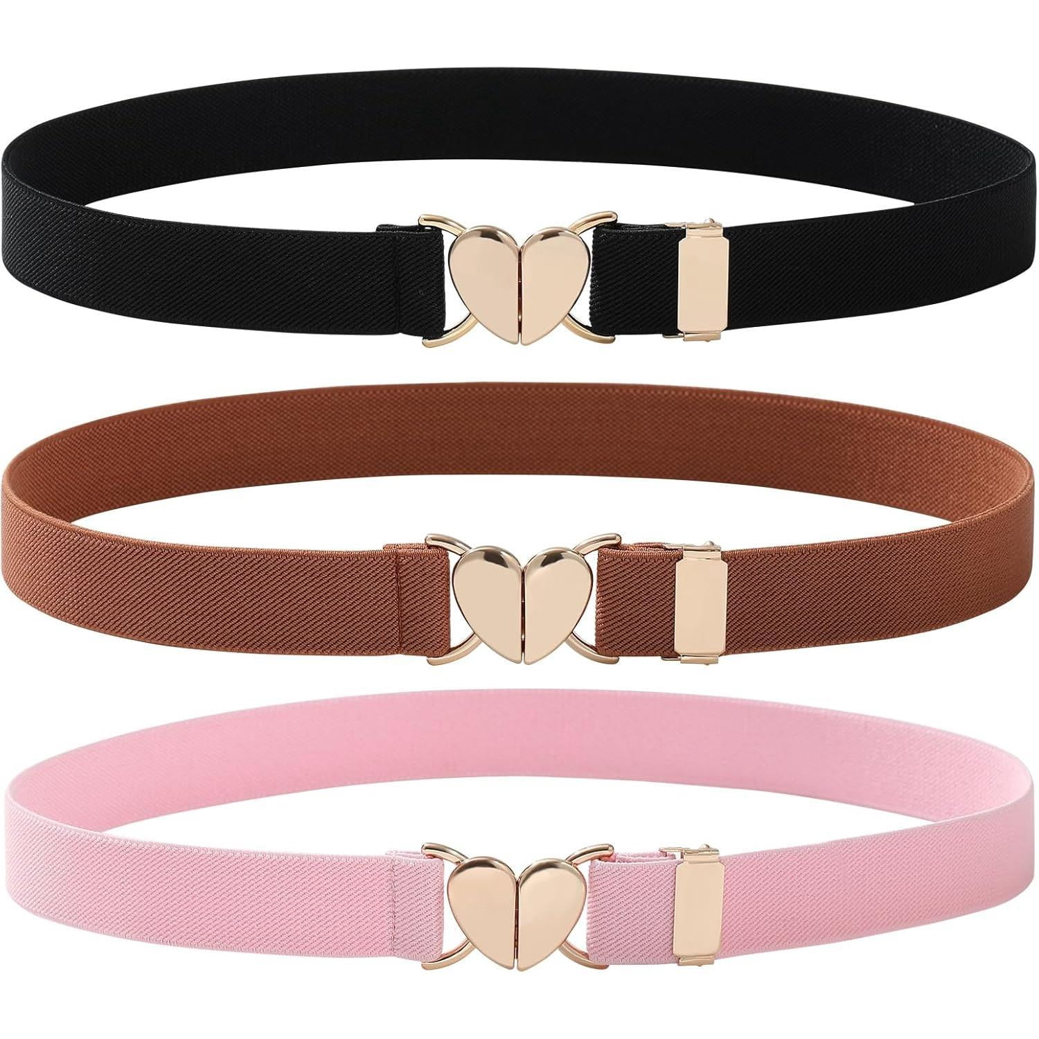 3 Pack Adjustable Heart Buckle Stretch Belts Girls Elastic Waistbands ...