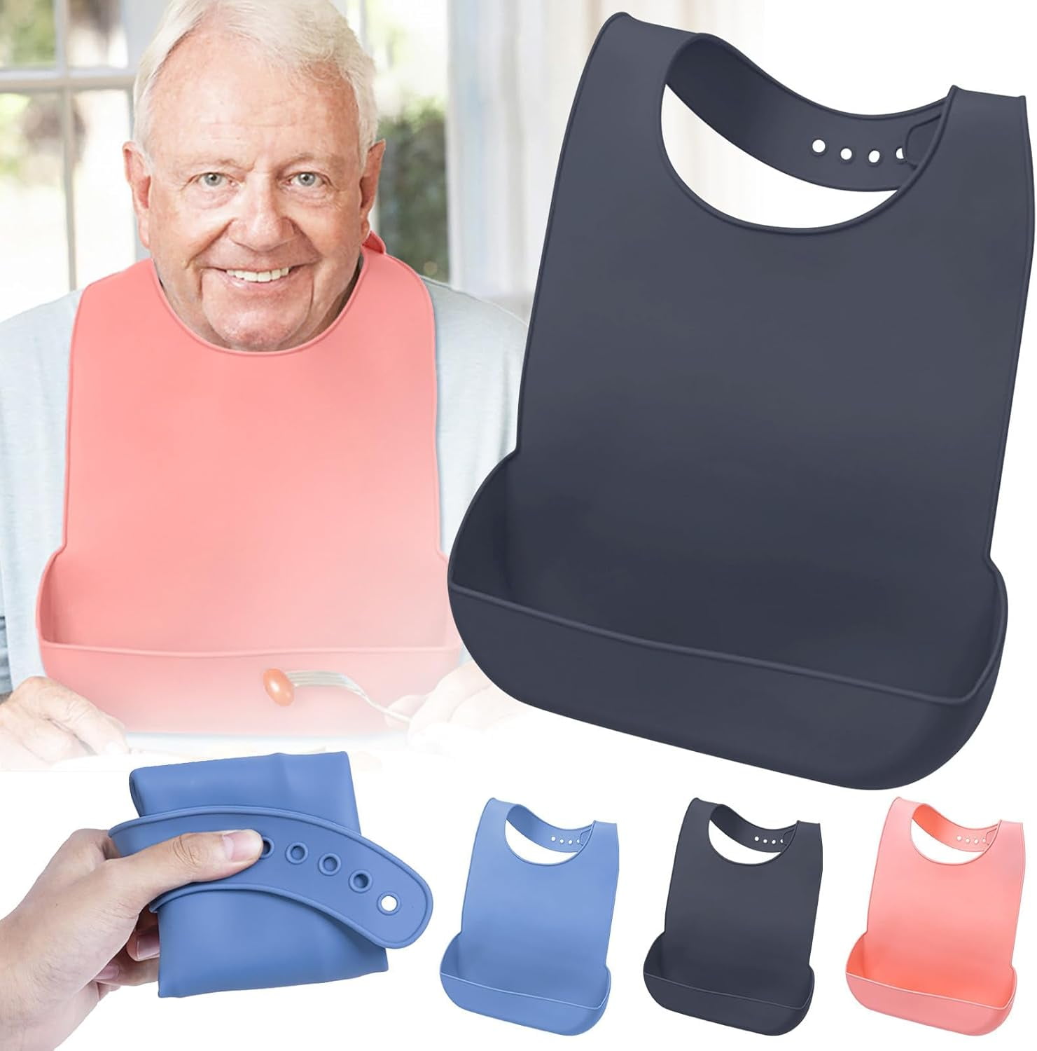 3 Pack Adjustable Silicone Bibs for Adults Waterproof, Washable Adult ...
