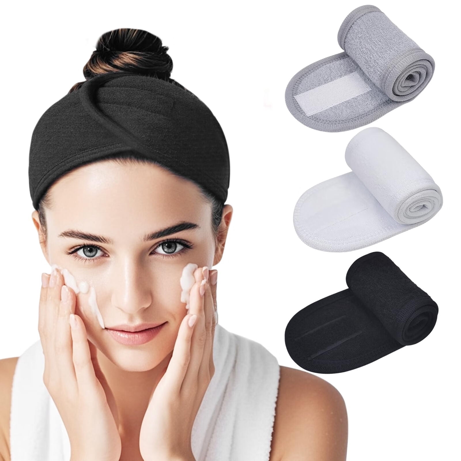 3-Pack Adjustable Velcro Terry Cloth Spa Headbands for Women - For Face ...