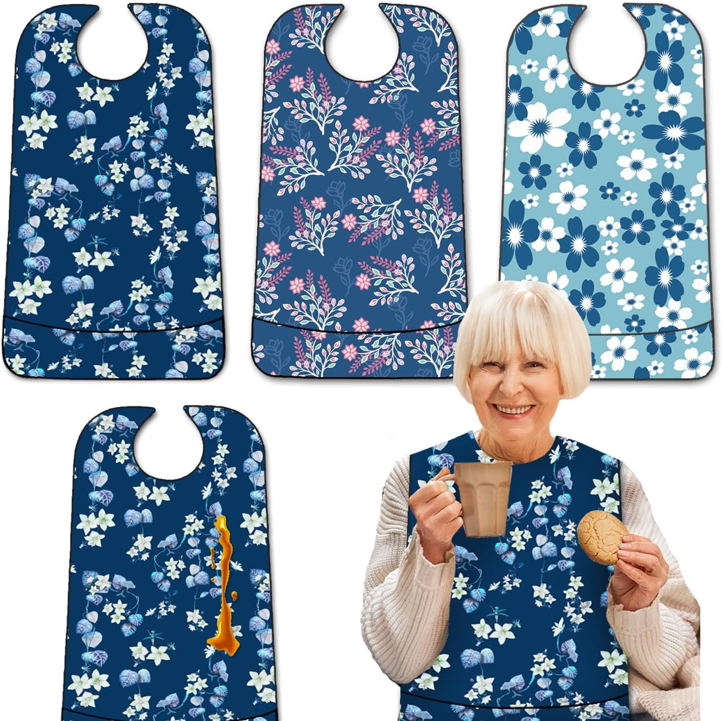 3 Pack Adult Bibs with Crumb Catcher, Washable and Adjustable Bibs for ...
