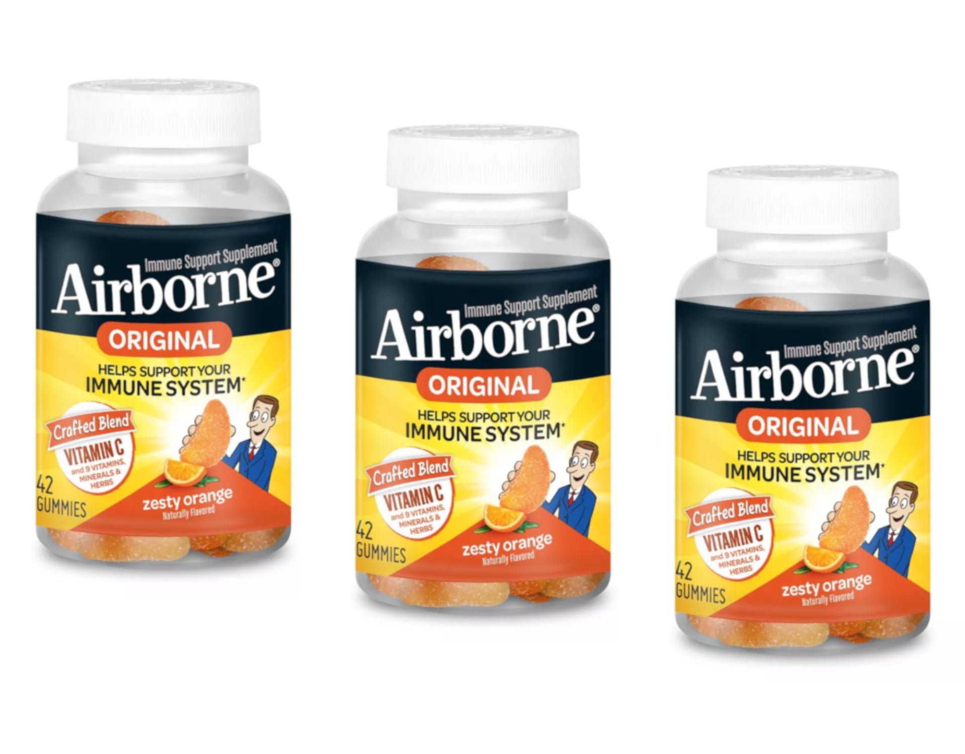 (3 Pack) Airborne Zesty Orange Flavored Gummies, 42 count - 750mg of ...