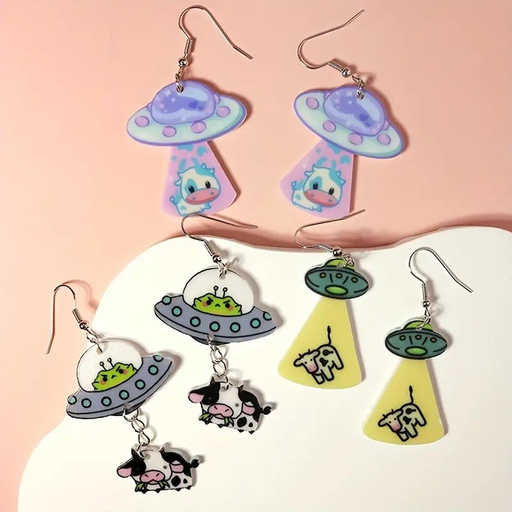 3 Pack Alien UFO Cow Earrings Cute Kawaii Pastel Abduction X-Files ...