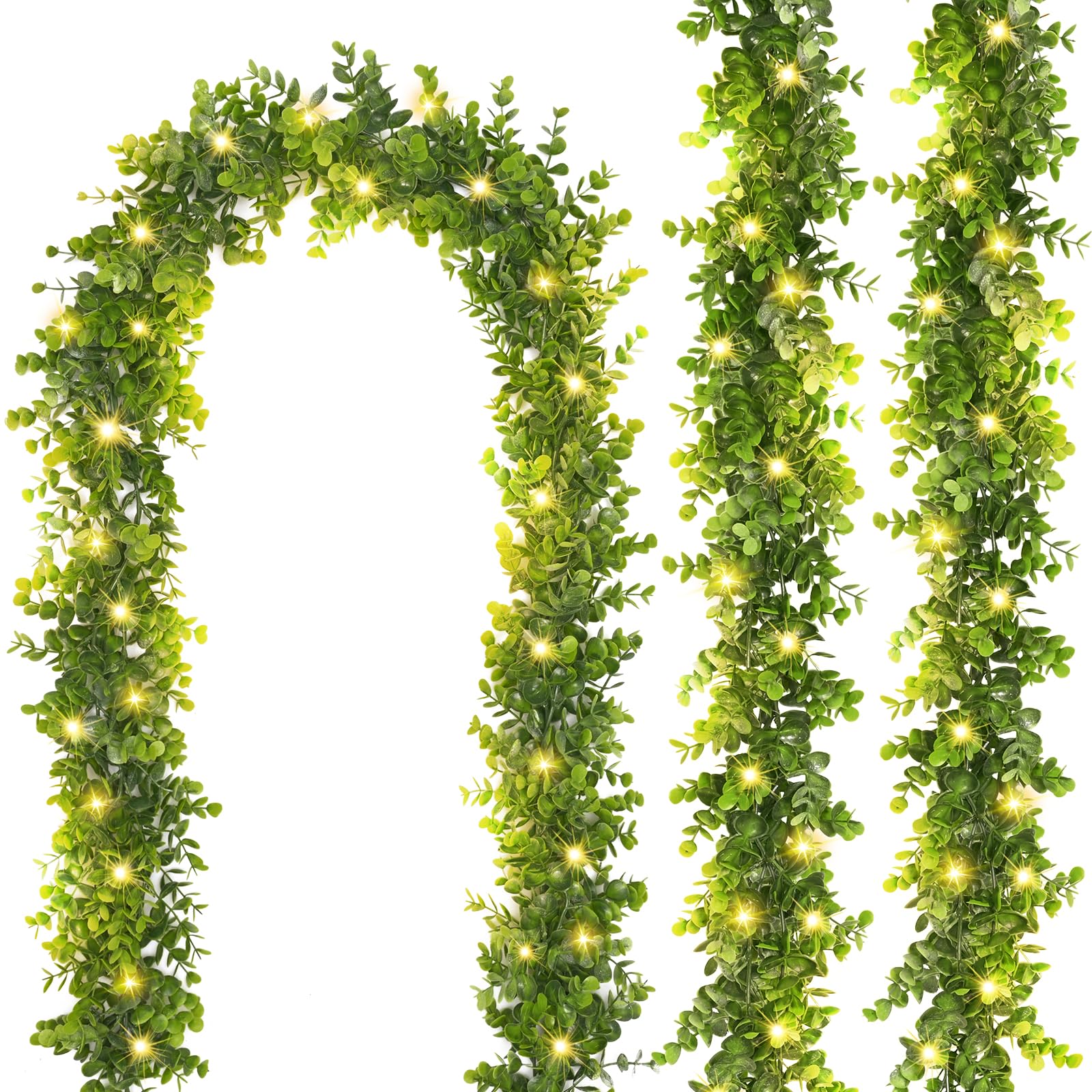 3 Pack Artificial Eucalyptus Garland with Lights, Faux Greenery Garland ...