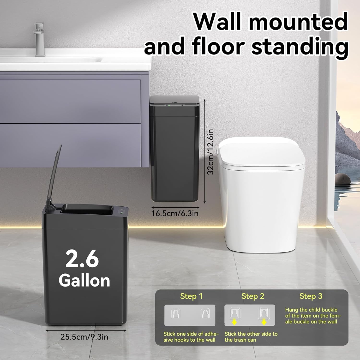 3 Pack Automatic Bathroom 2.6 Gallon Black Touchless Motion Sensor ...