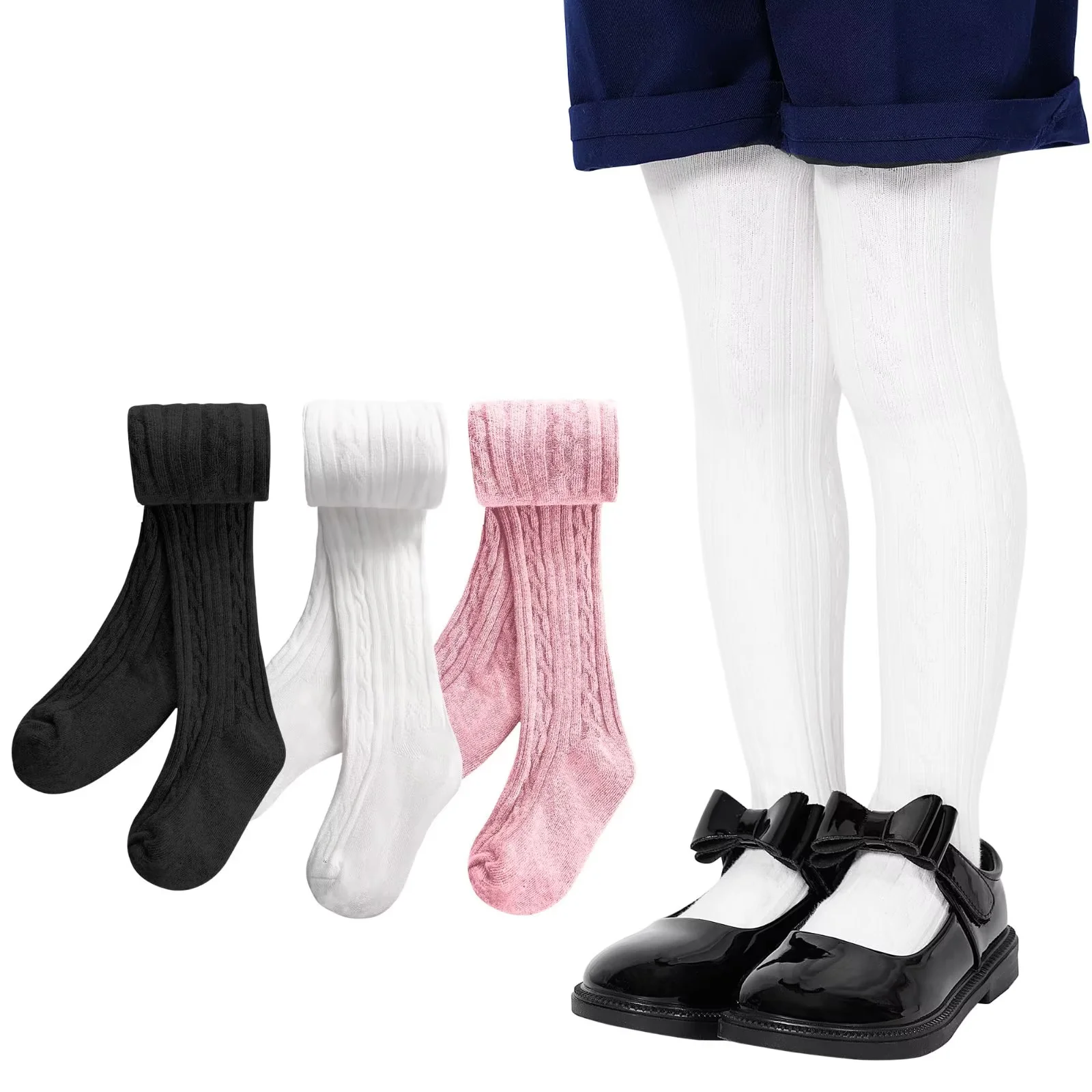3 Pack Baby Girl Tights Cable Knit Leggings Stockings Cotton Pantyhose ...