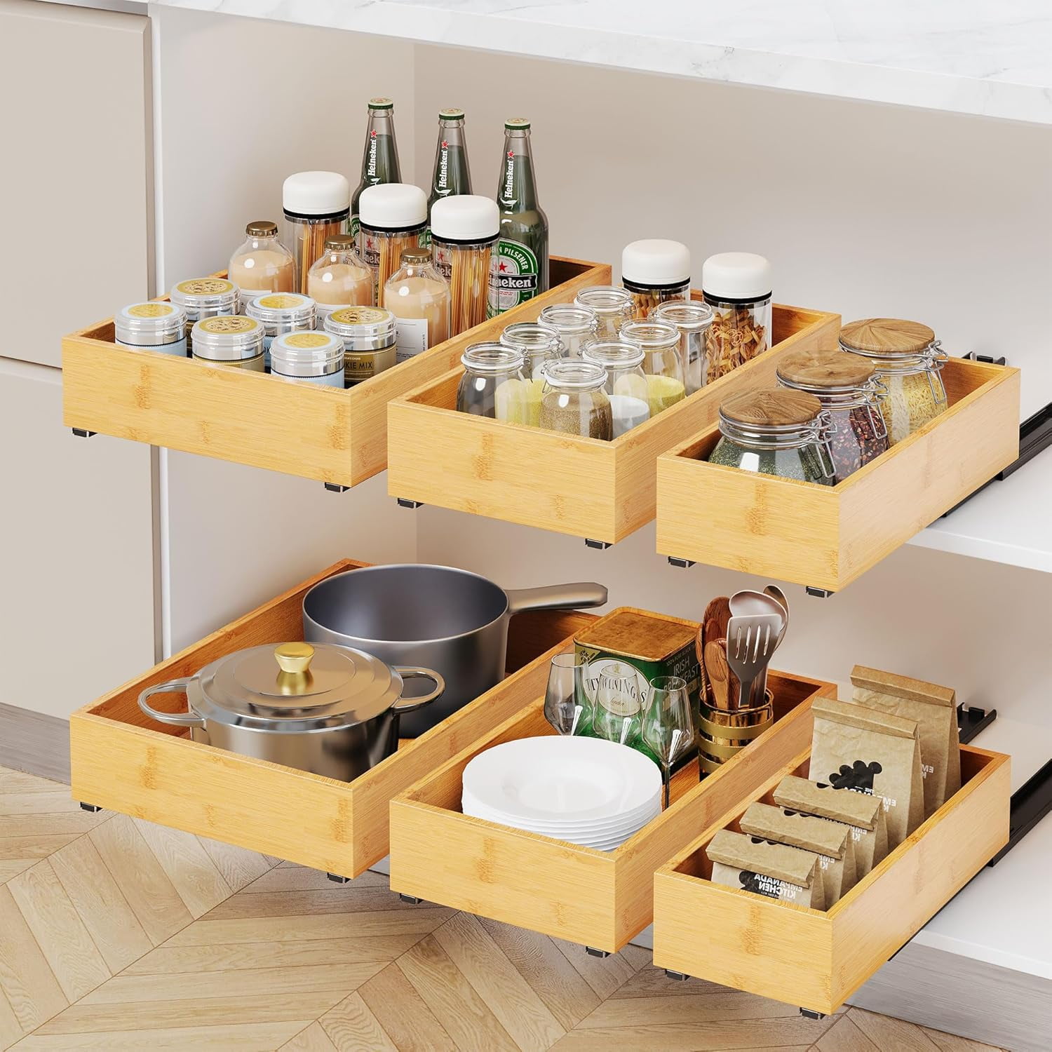 3 Pack Bamboo Pull Out Cabinet Organizer,Slide Out Drawers for Kitchen ...