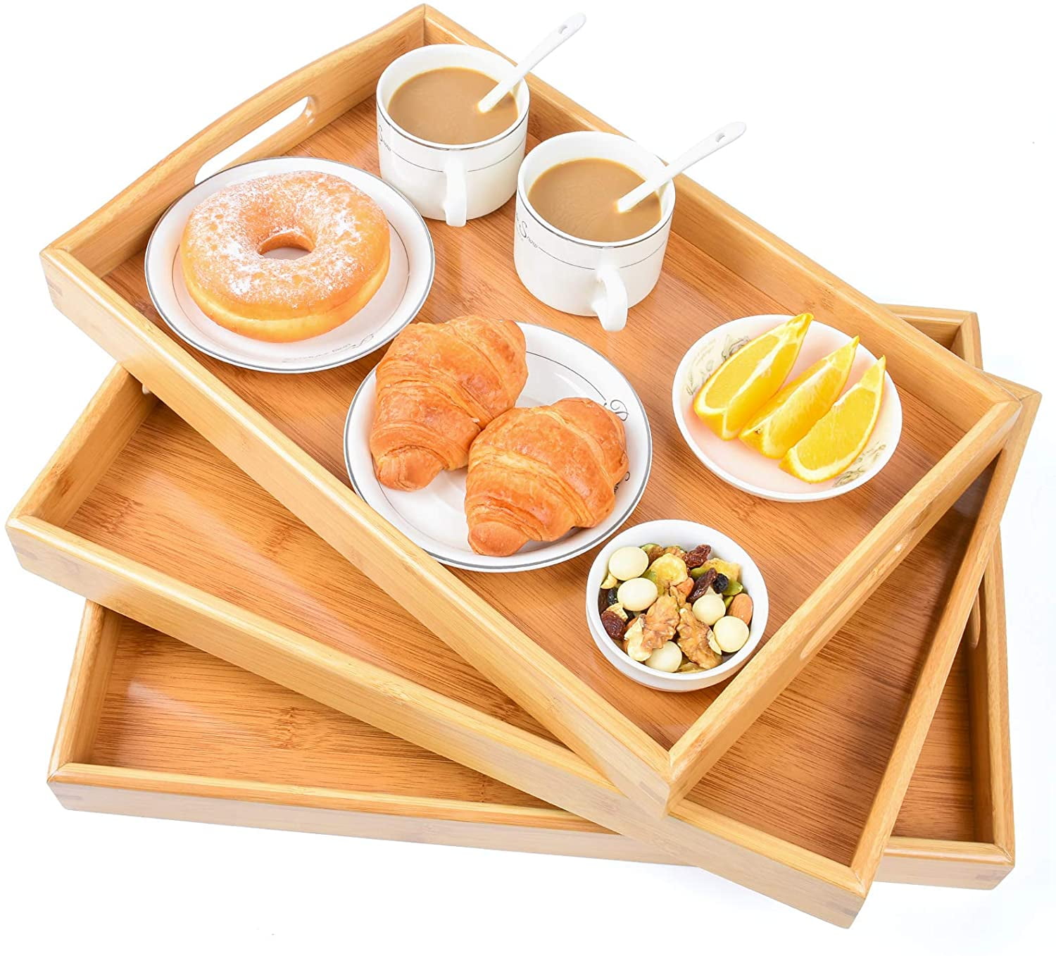 3 Pack Bamboo Serving Trays with Handles, Rectangular Kitchen Food Tray ...