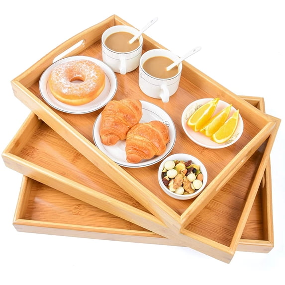 3 Pack Bamboo Serving Trays with Handles, Rectangular Kitchen Food Tray ...