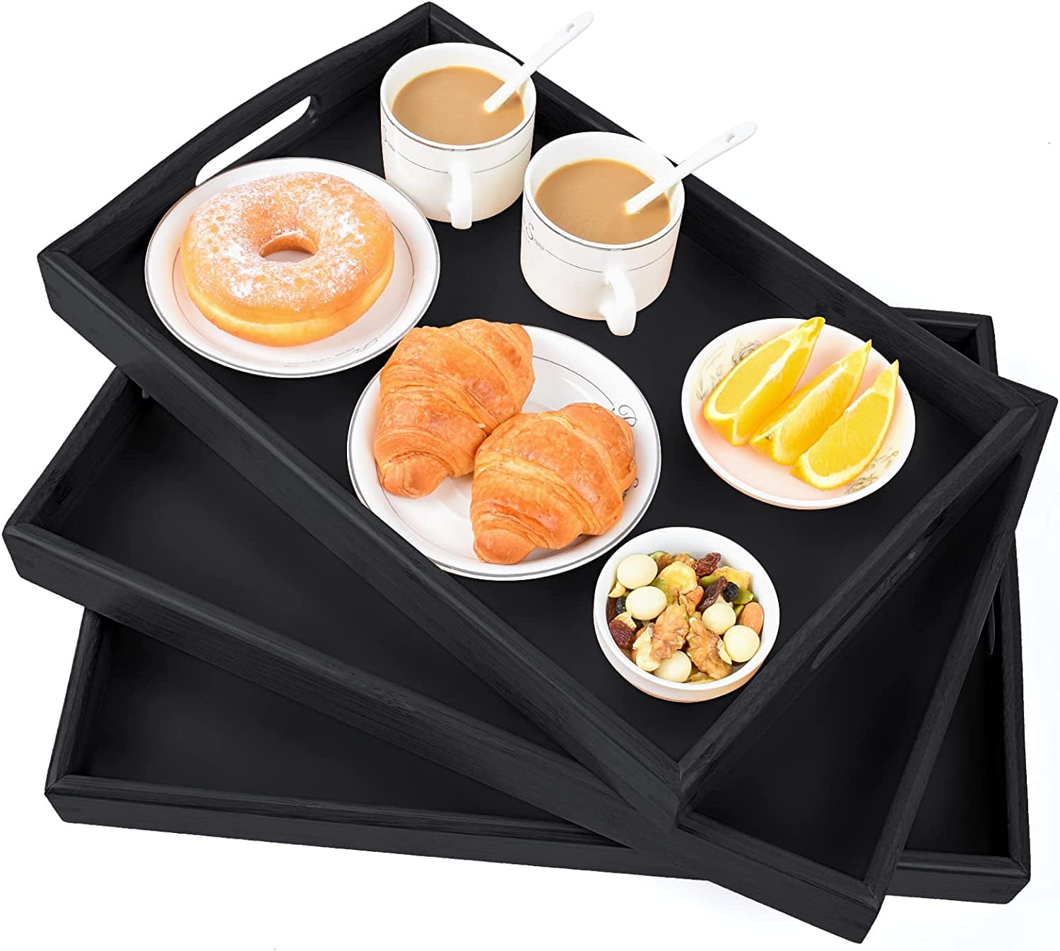 3 Pack Bamboo Serving Trays with Handles, Rectangular Kitchen Food Tray ...