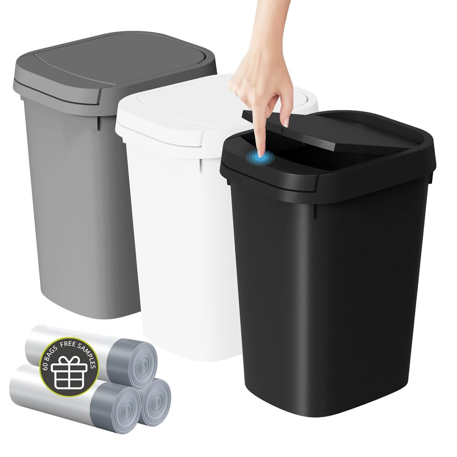 3 Pack Bathroom Small Trash Can with Lid, 2.6 Gallon Slim Garbage Bin ...