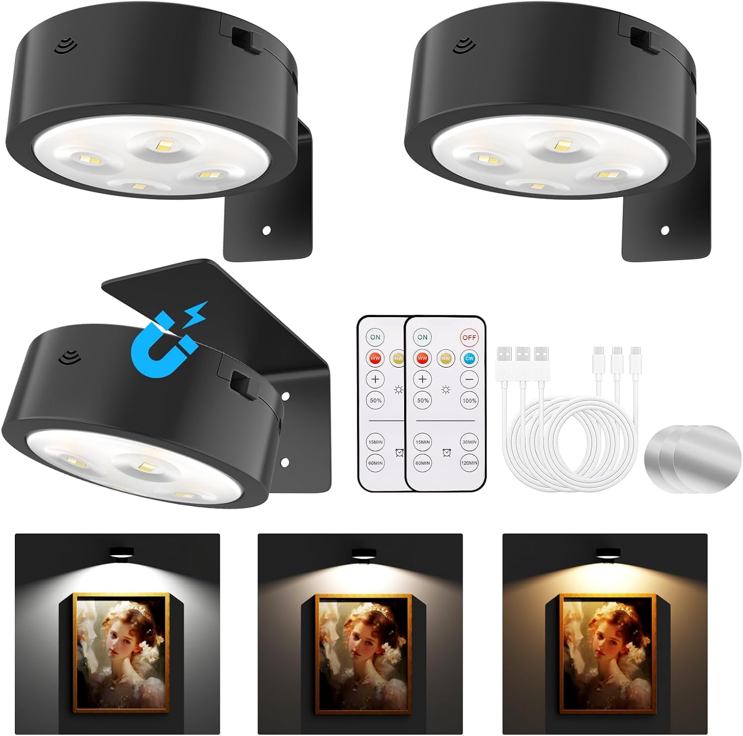 3-Pack Battery Picture Light with Remote & Timer - Magnetic, Dimmable ...