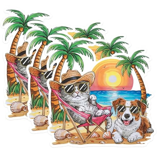 (3 Pack) Beach Cat Dog Decals - Summer Vacation Vibes - Laptop Decal ...