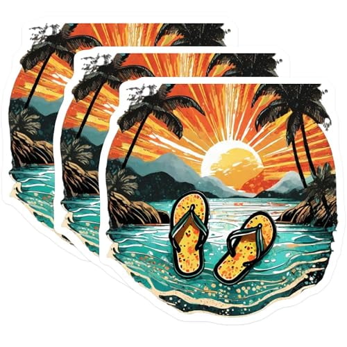 (3 Pack) Beach Scene Decals - Sunset Palms - Flip Flop Art - 3 Inches ...