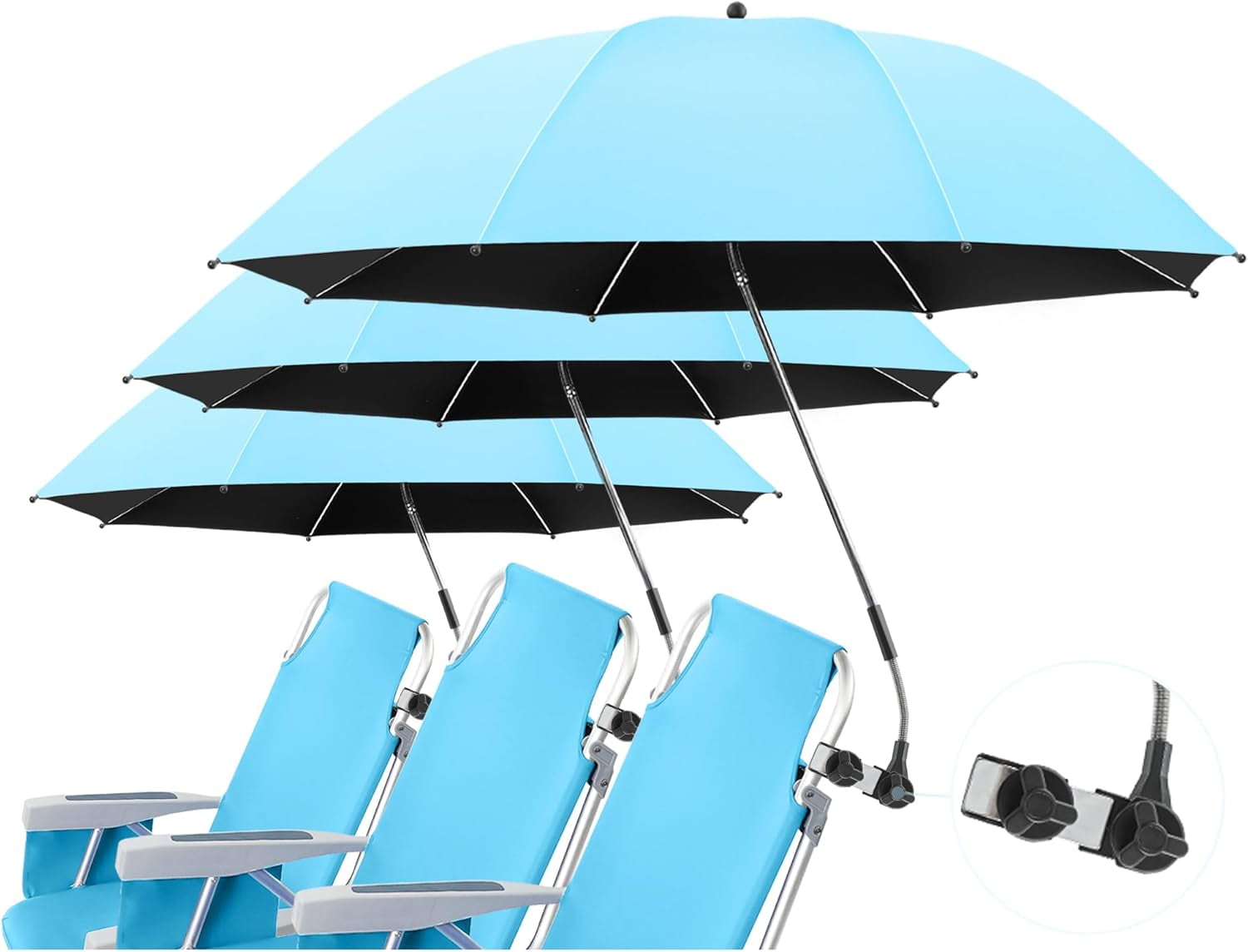 3 Pack Beach Umbrella, 360 ° Chair umbrella with clamp, UPF50+ Umbrella ...